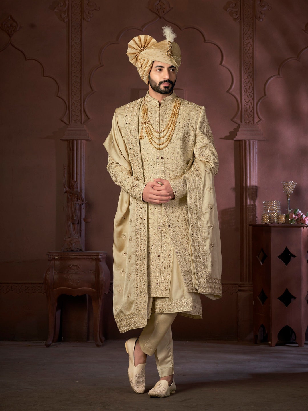 ATTRACTIVE GOLDEN SHERWANI Groom, Groom Wedding Dress, Golden Sherwani ...