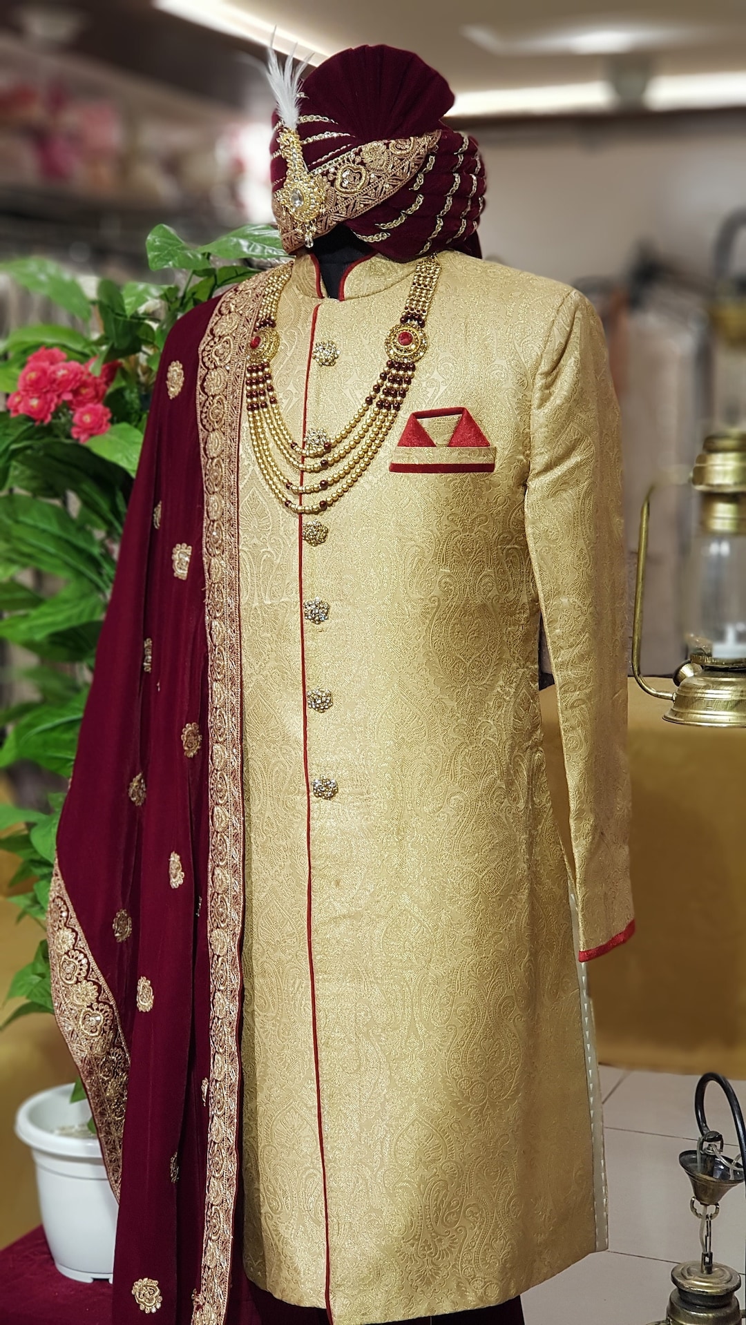ENTICING GOLDEN SHERWANI Groom, Groom Wedding Dress, Golden Sherwani ...