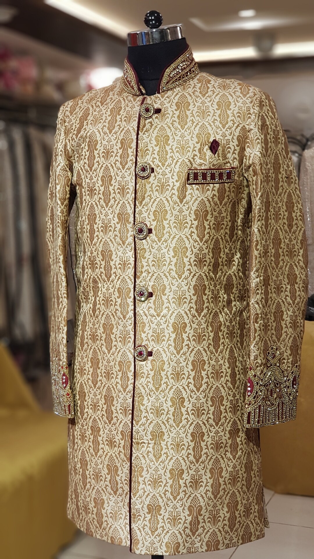 ELEGANT GOLDEN SHERWANI Groom, Groom Wedding Dress, Golden Sherwani Men ...
