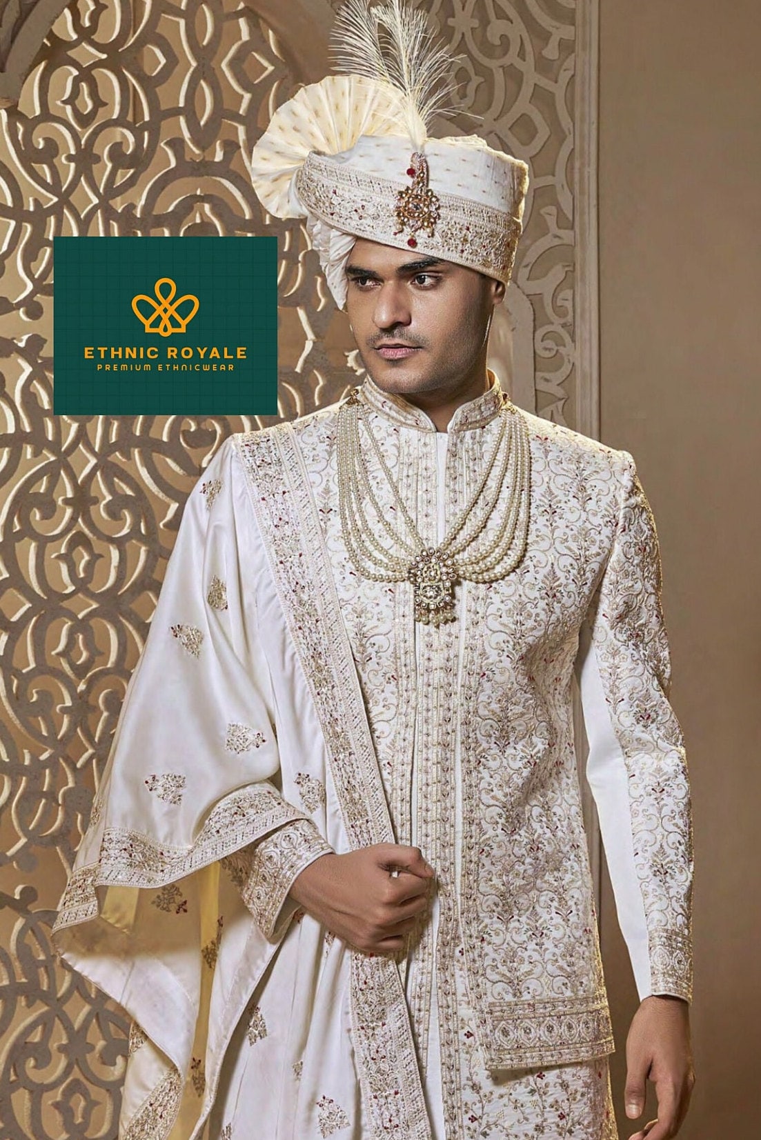 REGAL WHITE SHERWANI Groom, Groom Wedding Dress, White Sherwani Men ...