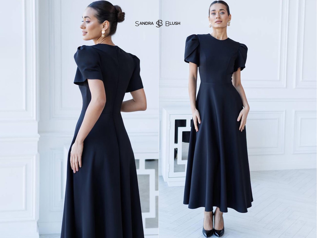 Black Structured Midi Dress | Voluminous Statement Sleeve Gown ...