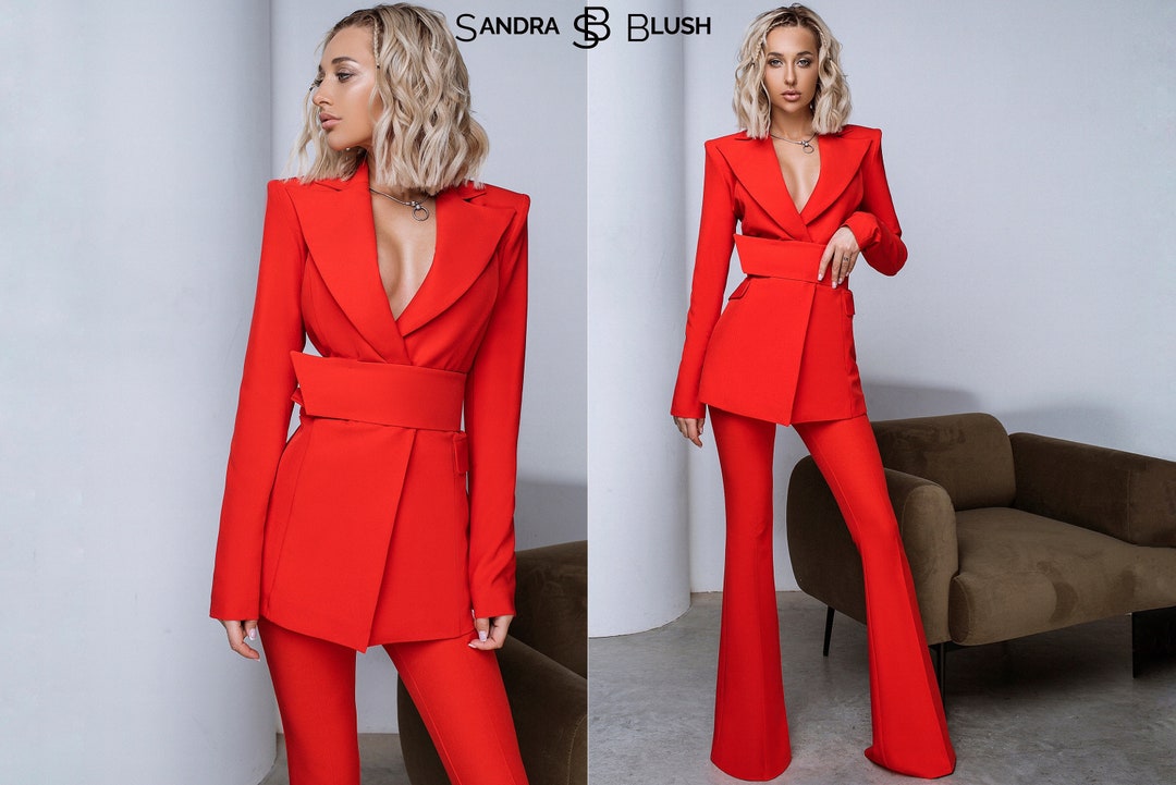 Red Formal Pantsuit, Red Pants Suit for Women, Flared Pants Suit ...