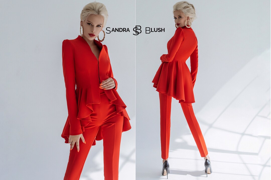 Red Peplum Suit, Red Peplum Jacket and High Waisted Skinny Pants ...