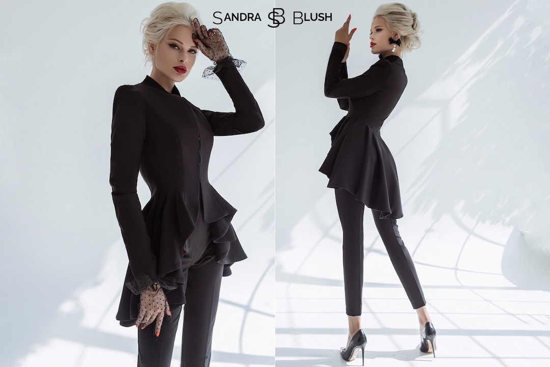 Black Peplum Suit, Basque Blazer Suit, Suit With Basque, Peplum Suit ...