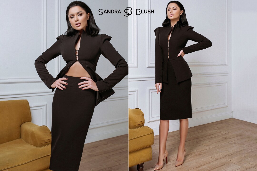 Black 2-piece Formal Midi Pencil Skirt Suit and Deep V Elongated Fitted ...