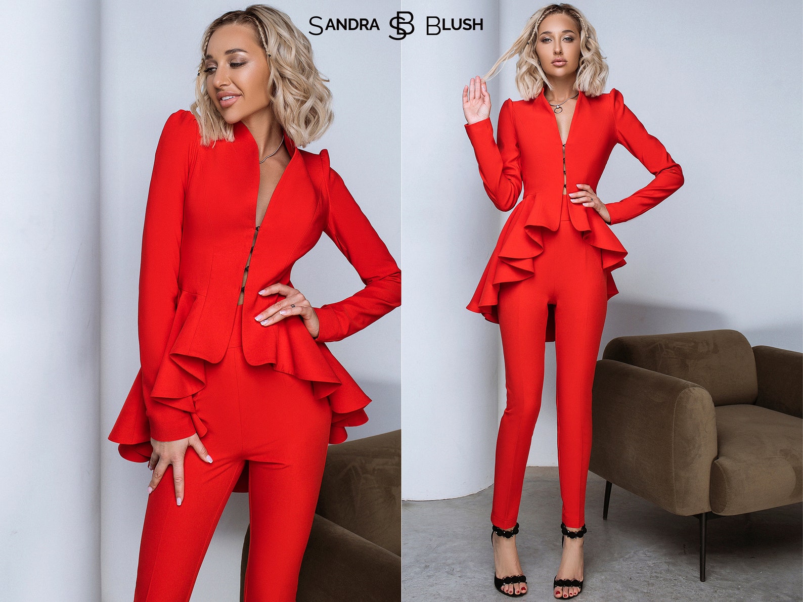 Red Peplum Suit, Basque Blazer Suit, Suit With Basque, Peplum Suit ...