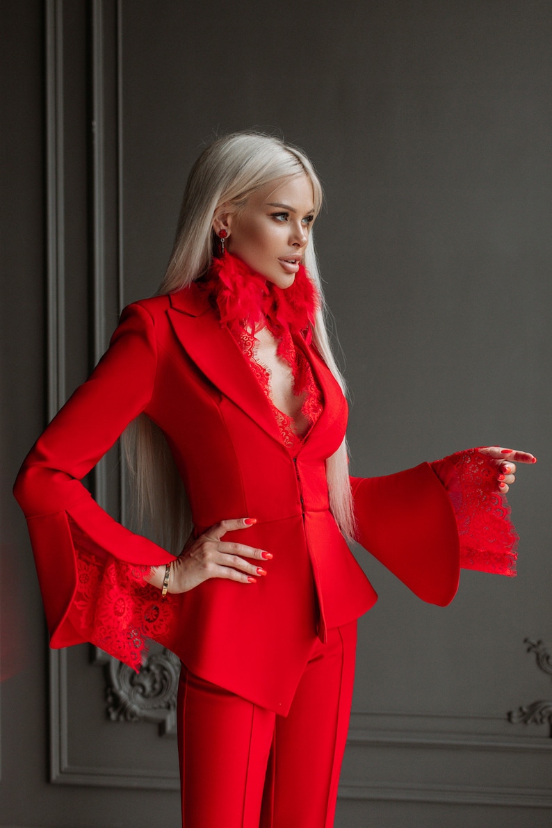 Red Suit Women, Lace Suit, Red Pant Suit for Women, Red Formal Womens ...