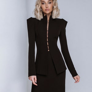 Black 2-piece Formal Midi Pencil Skirt Suit and Deep V Elongated Fitted ...