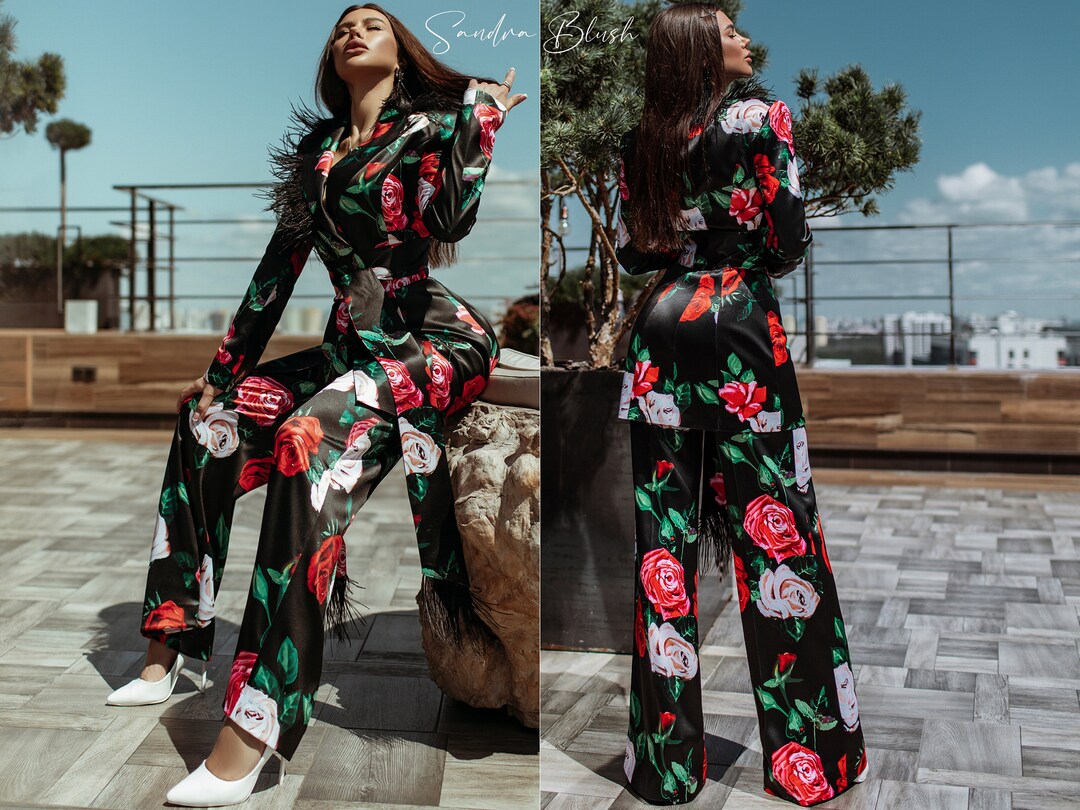 Women Floral Pants Suit, Floral Pants Suit, Women's Printed & Wide Leg ...