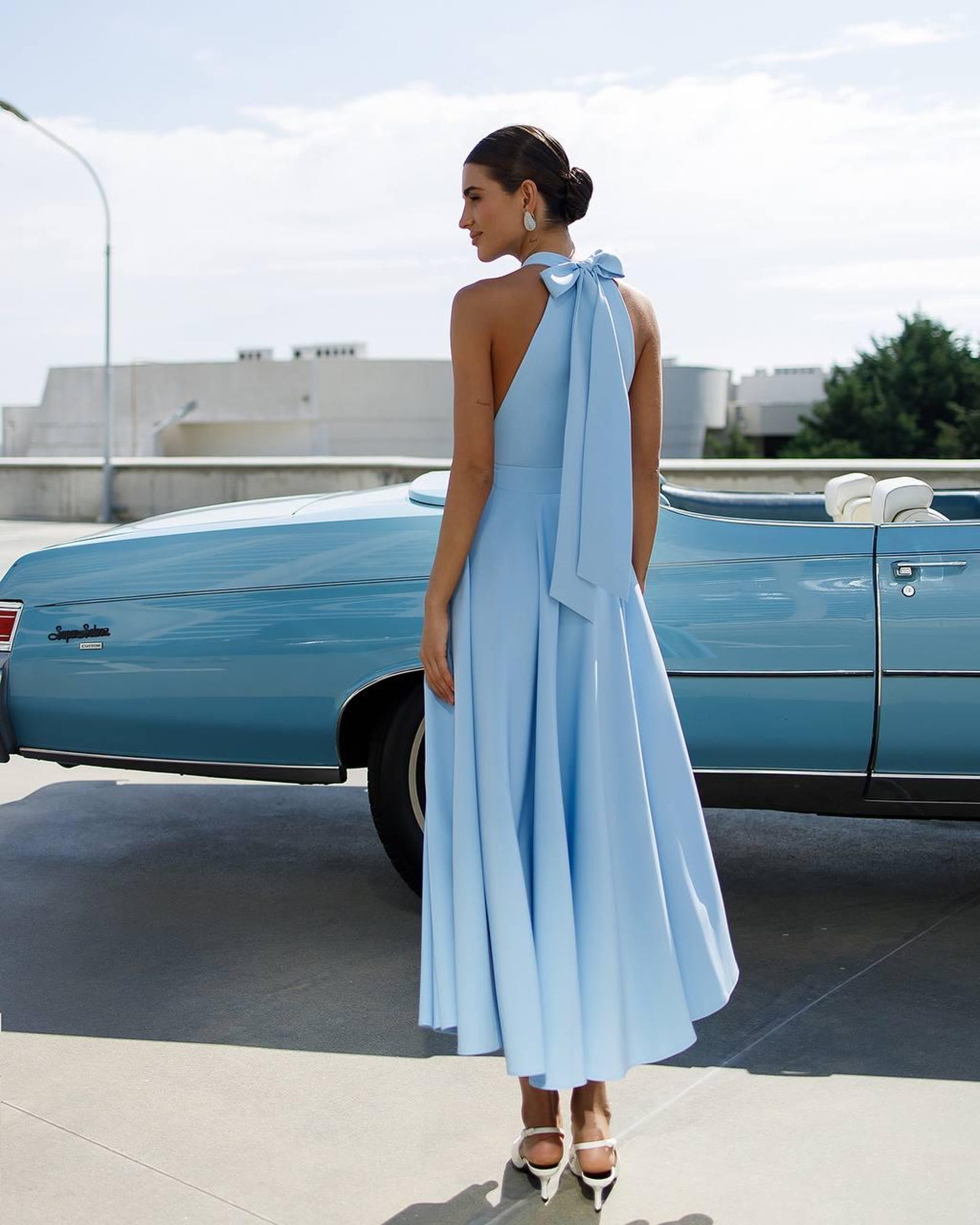 Light Blue Summer Dress, Extended Midi Dress With Circle Skirt and Open ...
