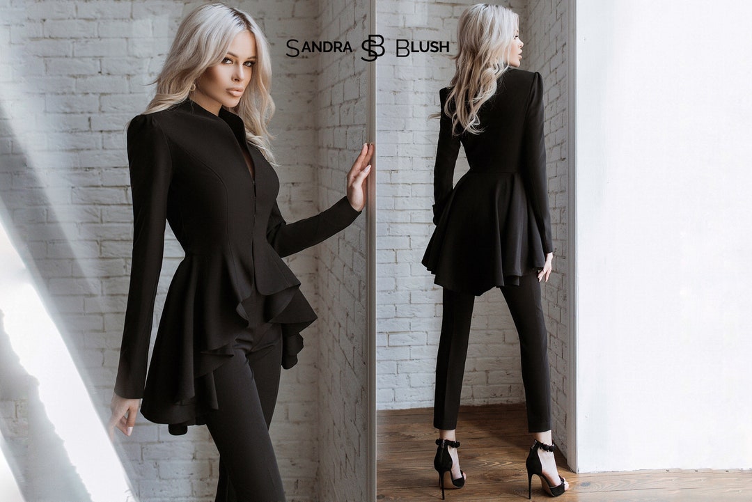 Black Peplum Suit, Basque Blazer Suit, Suit With Basque, Peplum Suit ...