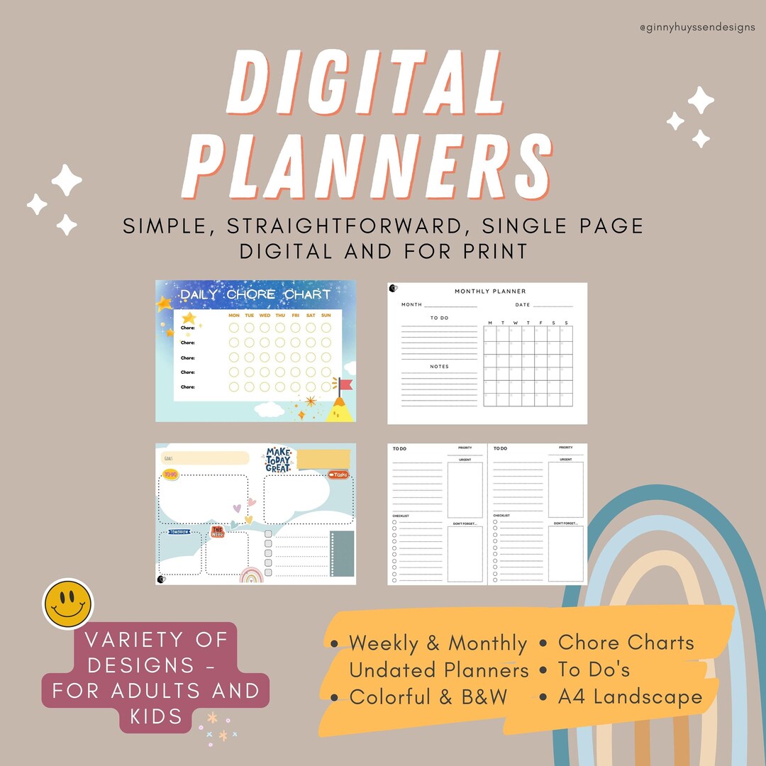 Printable Planners Simple, Single-page, Colorful and B&W Pages - Etsy