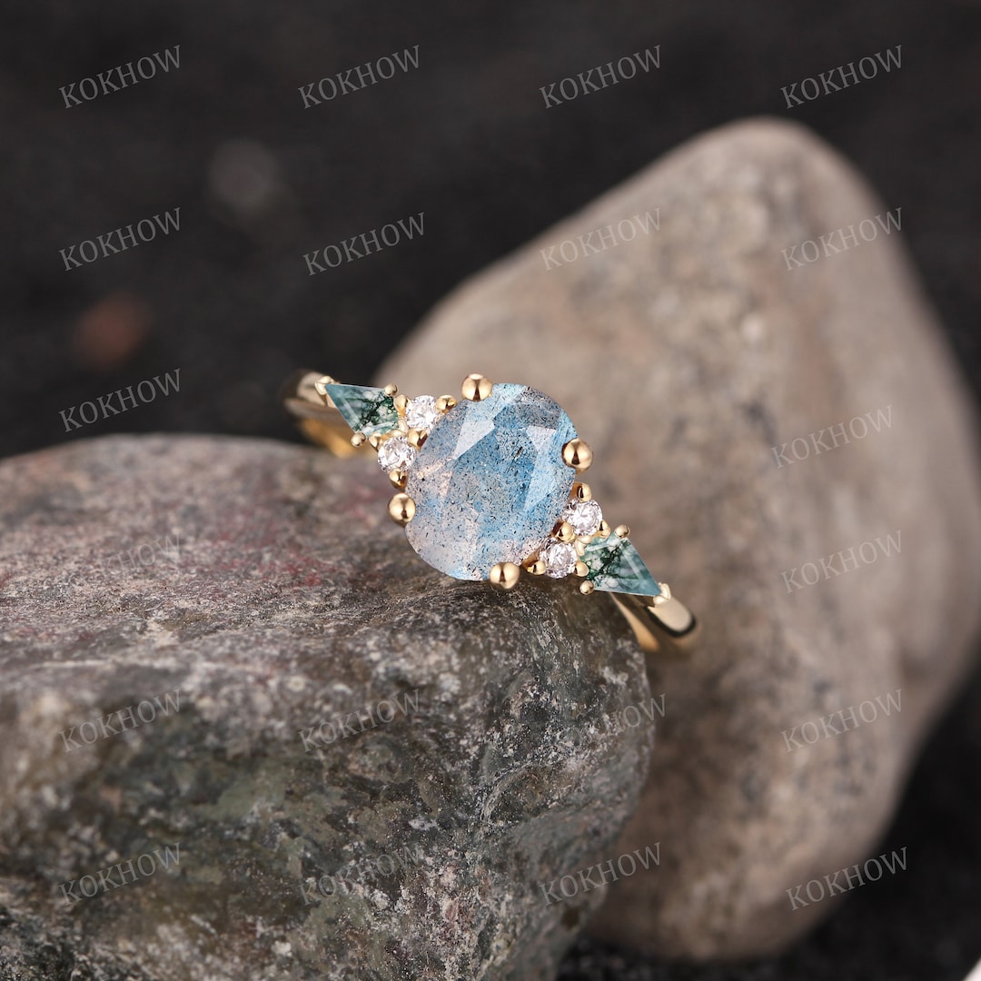 Vintage Oval Cut Labradorite Engagement Ring Solid Gold Ring Unique ...