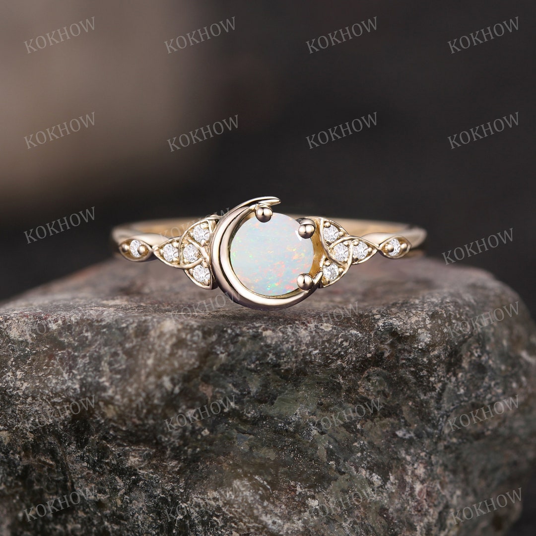 5mm Round Natural Opal Celestial Moon Engagement Ring Art Deco Solid Gold Ring Moissanite ...