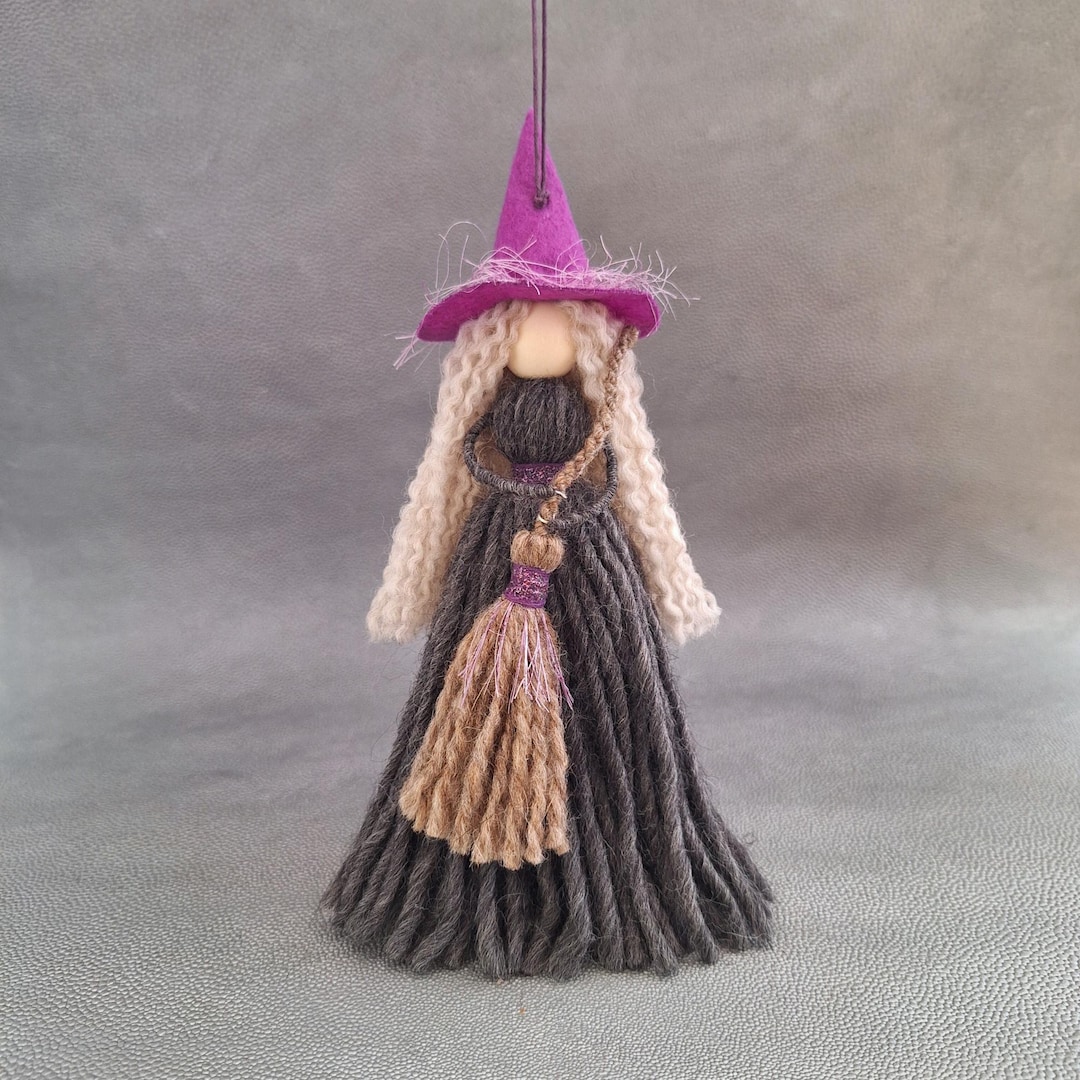 Hanging Kitchen Witch With Mini Broom, Cottage Witch in Grey and Purple ...