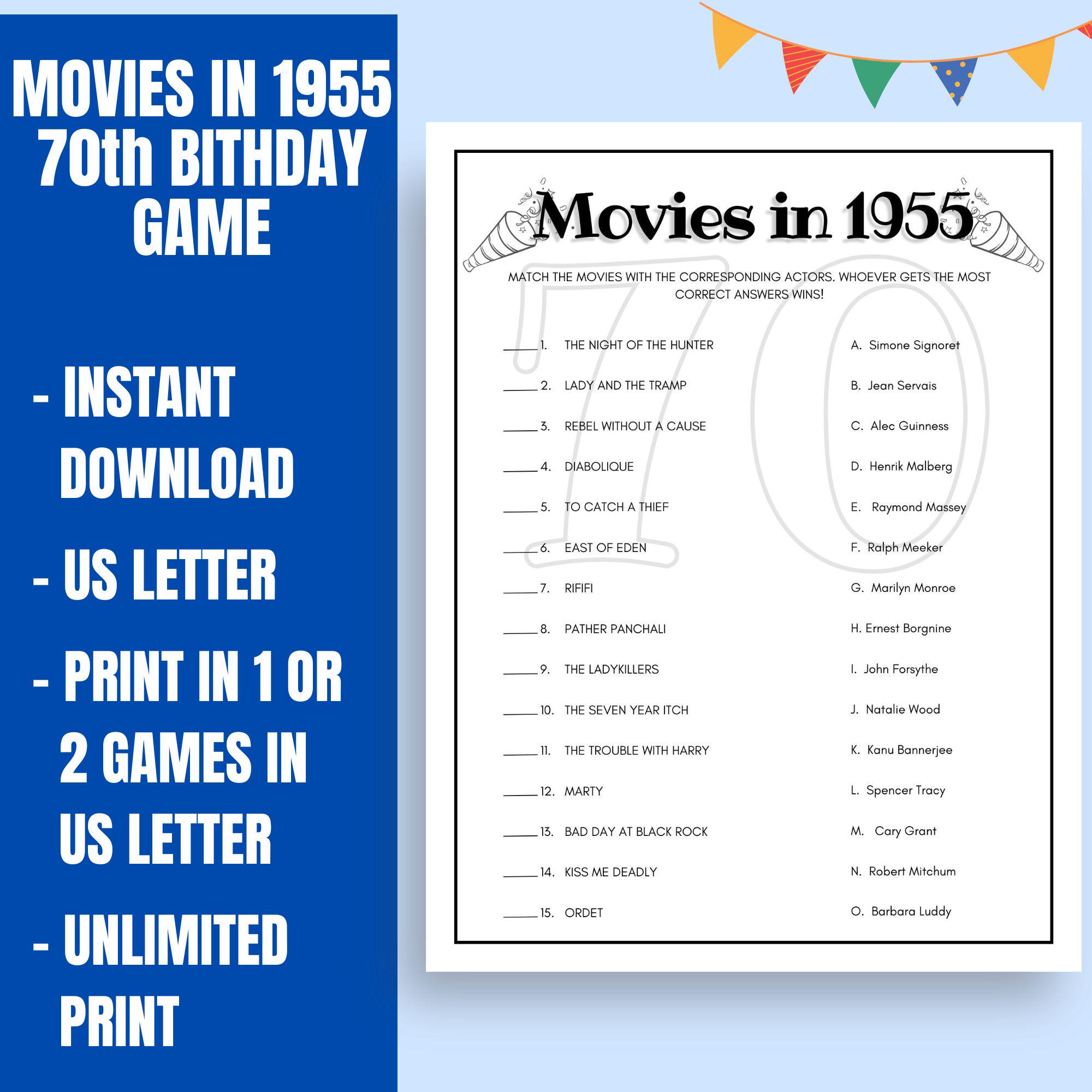 Movies in 1955 Trivia Game | Printable 70th Birthday Party Game | 70th ...
