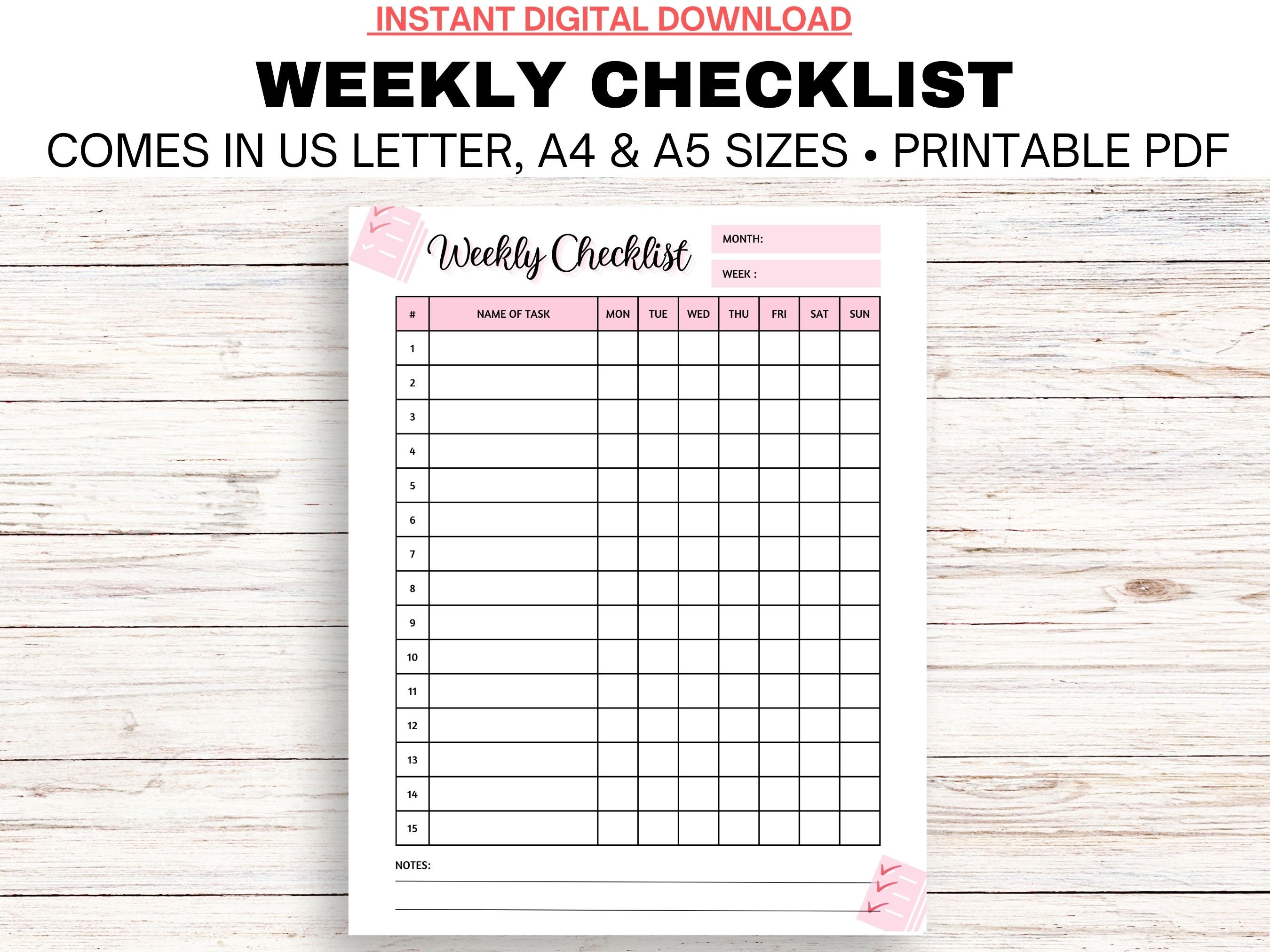 Printable Weekly Checklist to Do List Daily and Weekly Planner Letter ...