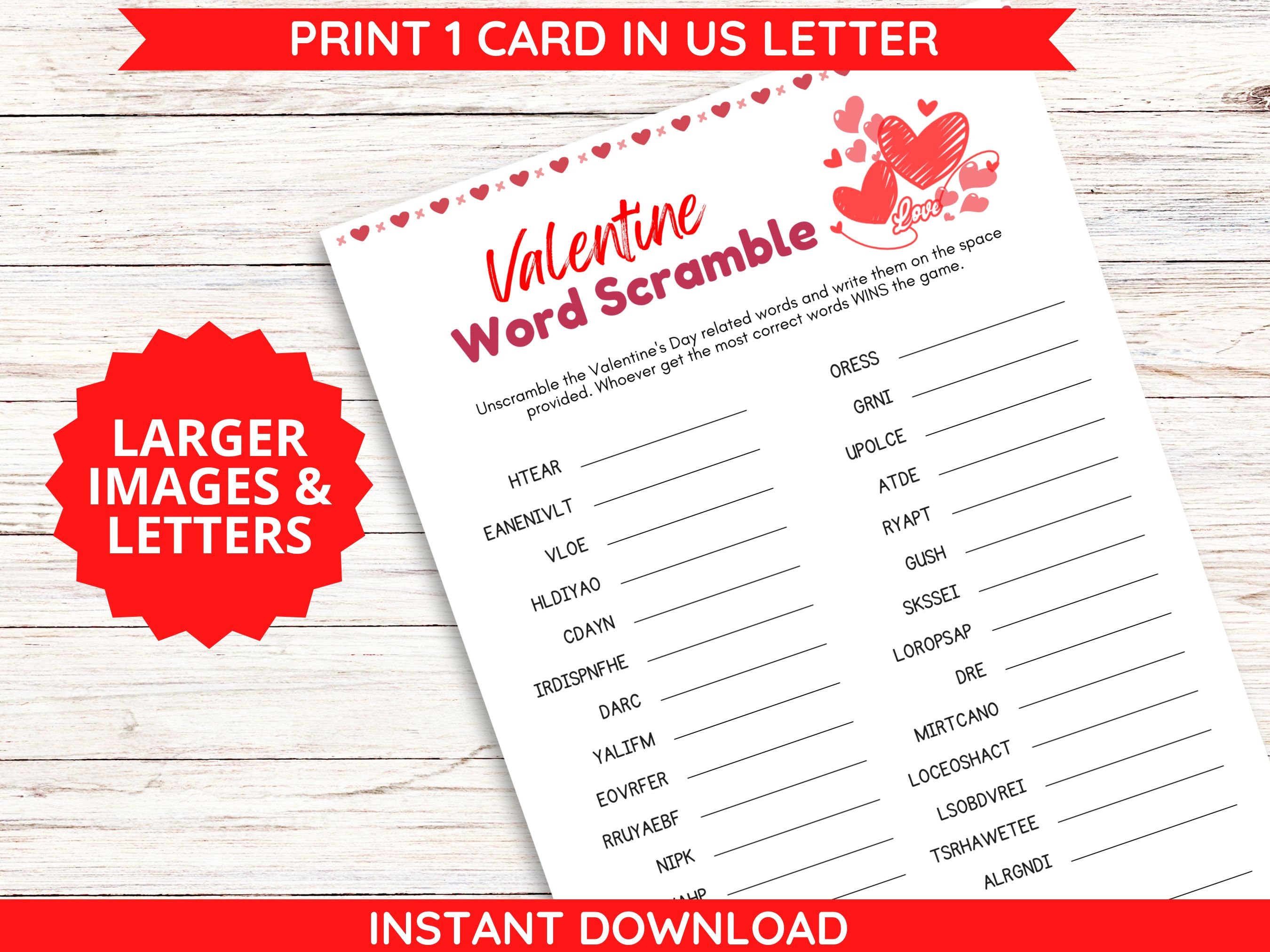 Valentines Day Word Scramble Printable Game Valentine Party Game ...