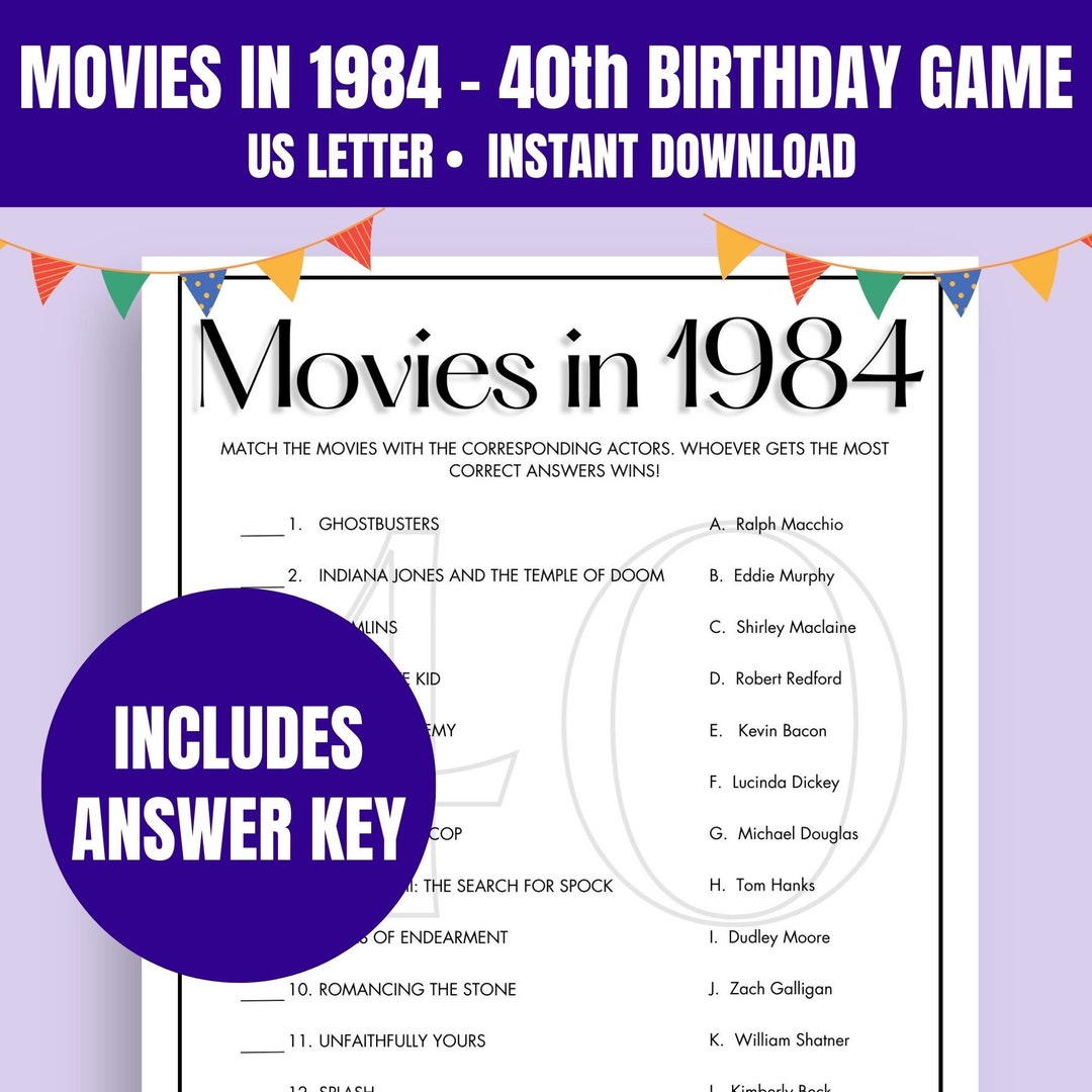 Movies in 1984 Trivia Game Printable 40th Birthday Party Game 40th ...