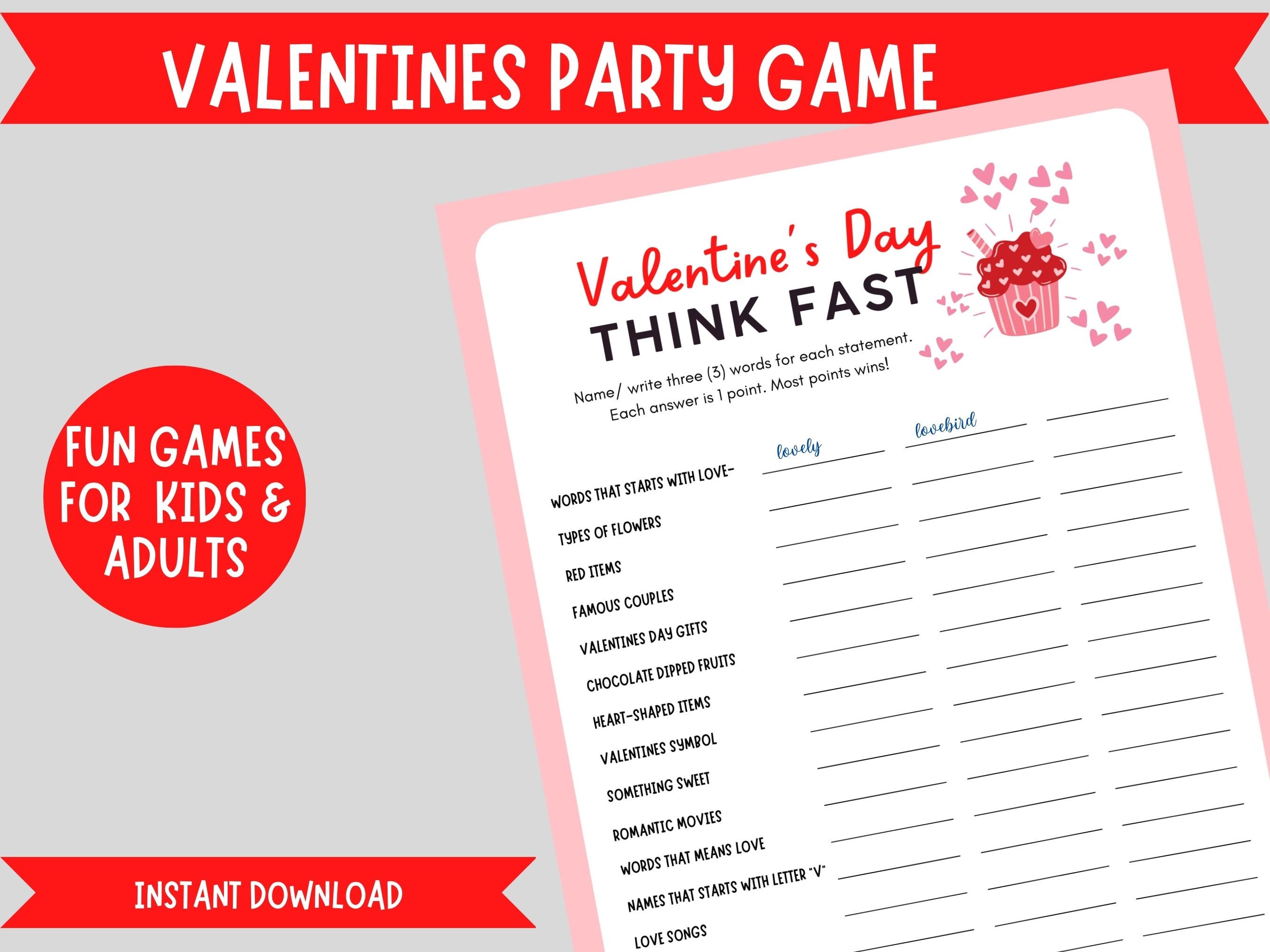 Printable Valentine's Day Think Fast Game | Printable Valentine's Day ...