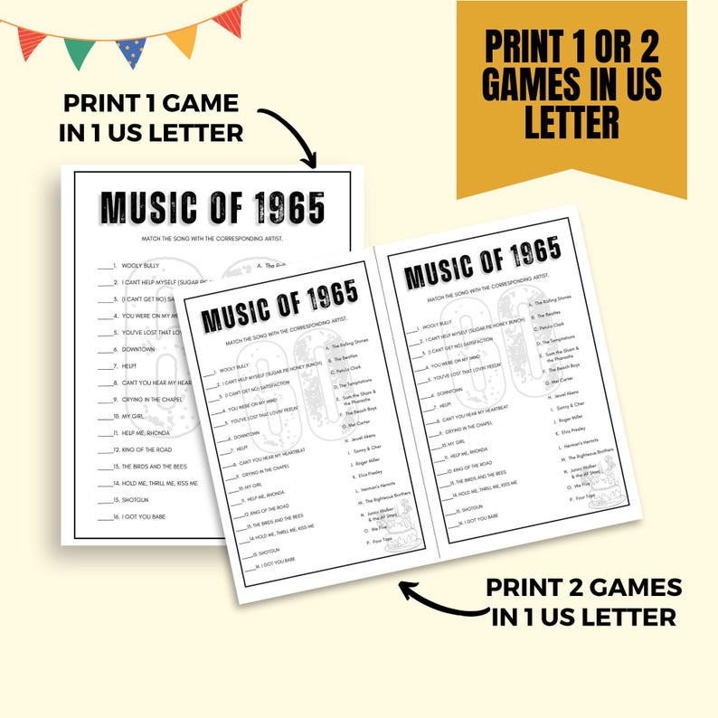 Music of 1965 Trivia Game | Printable 60th Birthday Party Game | 60th ...