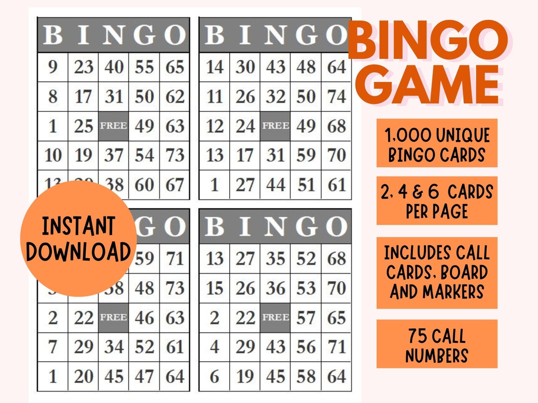 1000 Bingo Cards PDF Download 2, 4 & 6 Game per Page Instant Printable ...