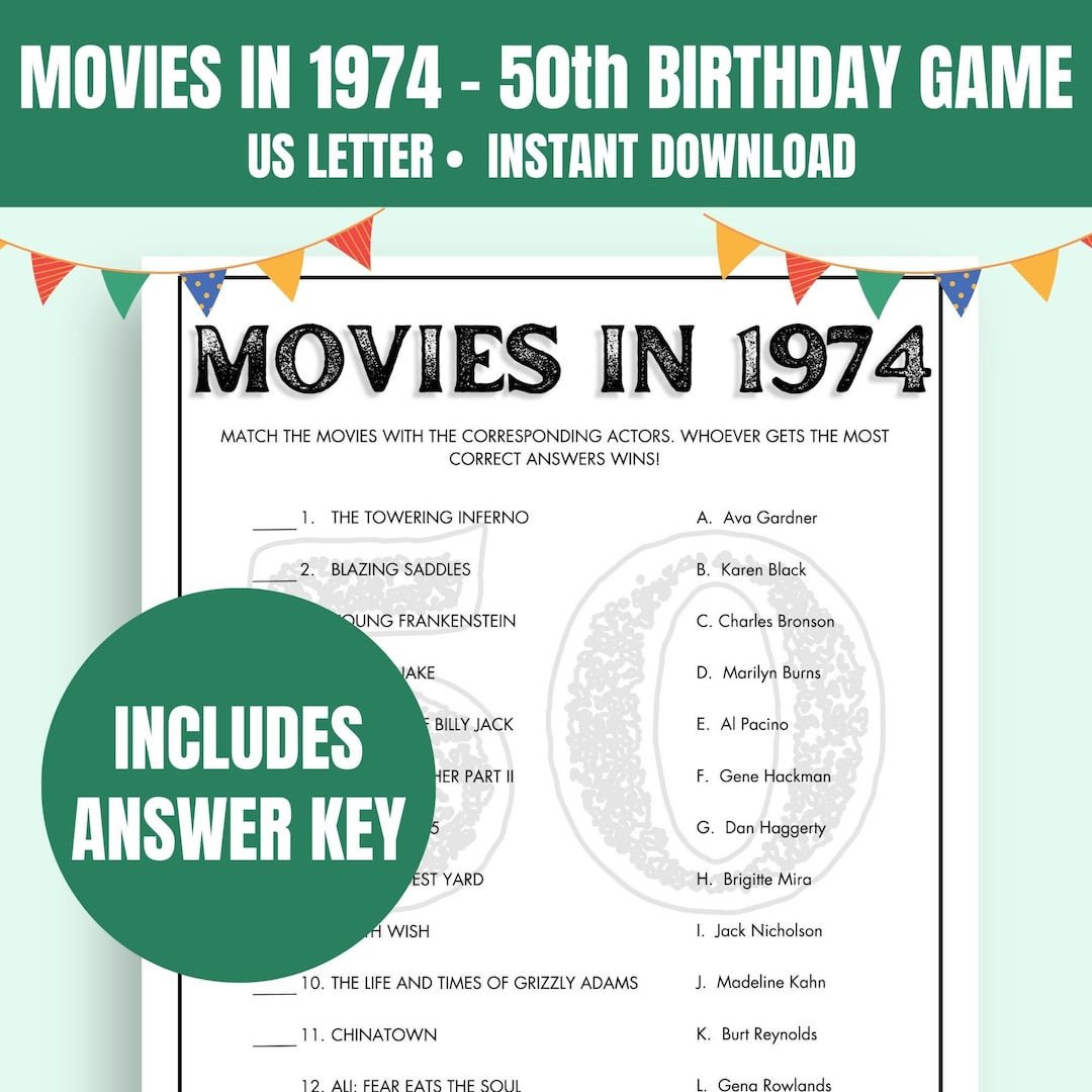 Movies in 1974 Trivia Game Printable 50th Birthday Party Game 50th ...