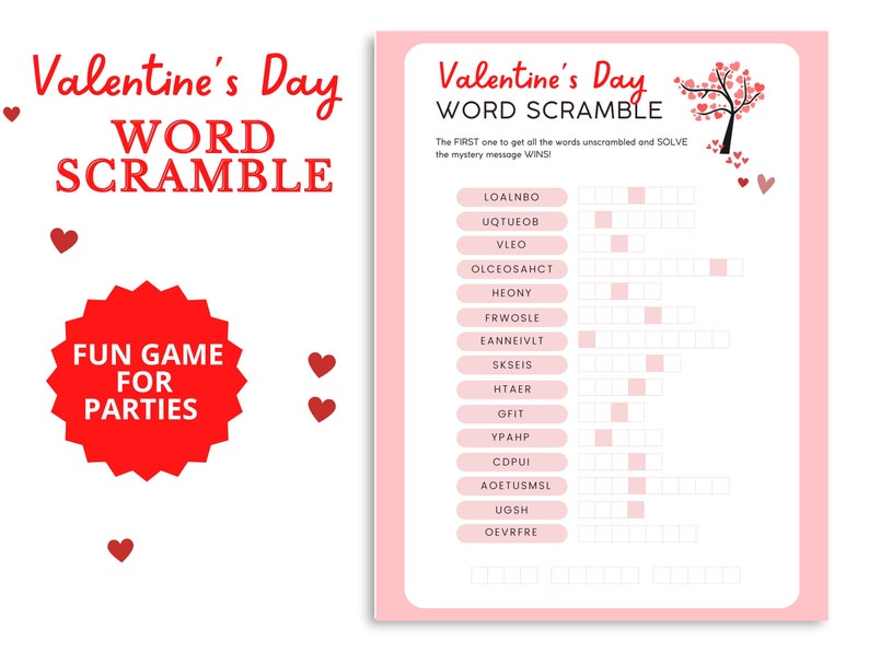 Printable Valentine’s Day Word Scramble Game | Valentine Party Game ...