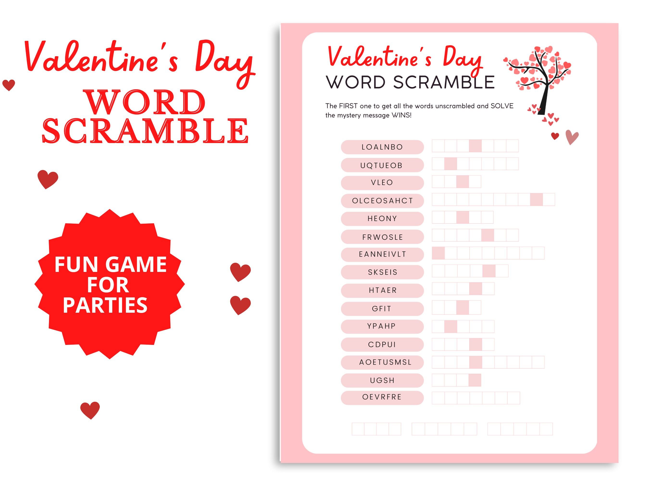Printable Valentine’s Day Word Scramble Game | Valentine Party Game ...