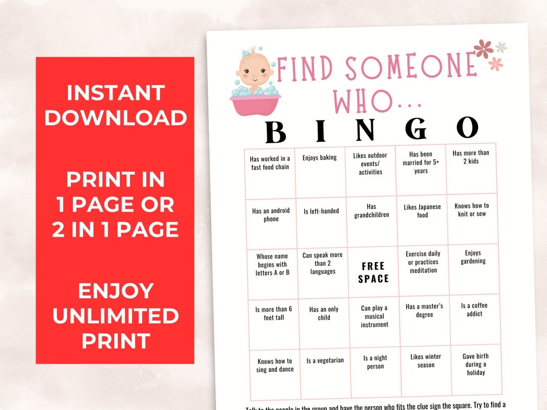 Baby Shower Find Someone Who BINGO Game Printable Baby Shower Party ...
