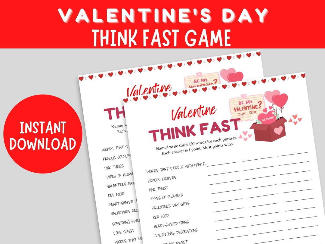 Valentine's Day Think Fast Game Printable Valentine's Party Game ...