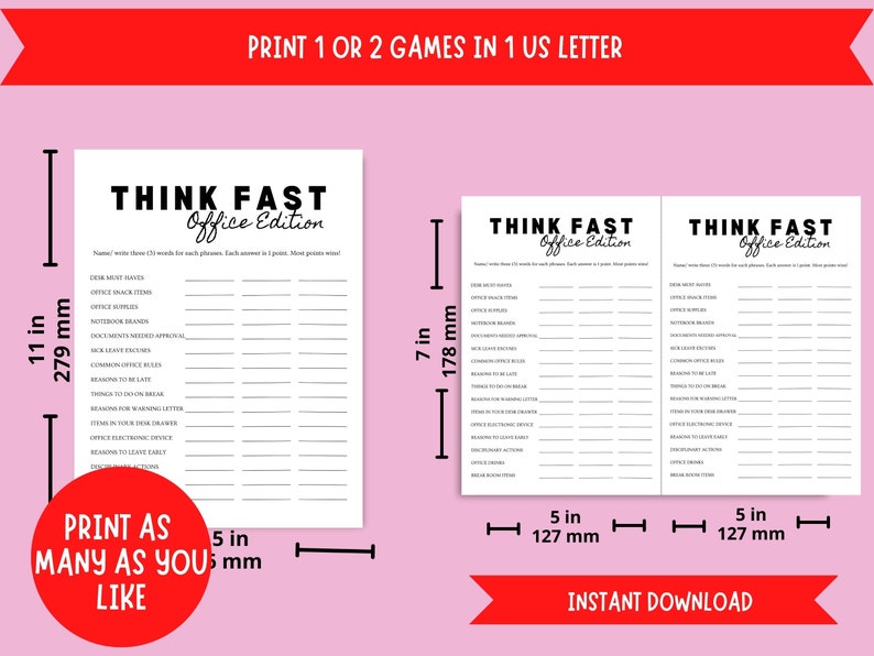 Think Fast Game: Office Edition Printable | Work Game | Office Party ...