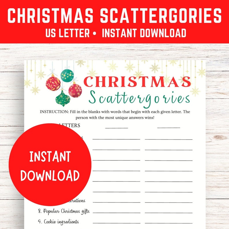 Printable Christmas Scattergories Game Christmas Party Game Holiday ...