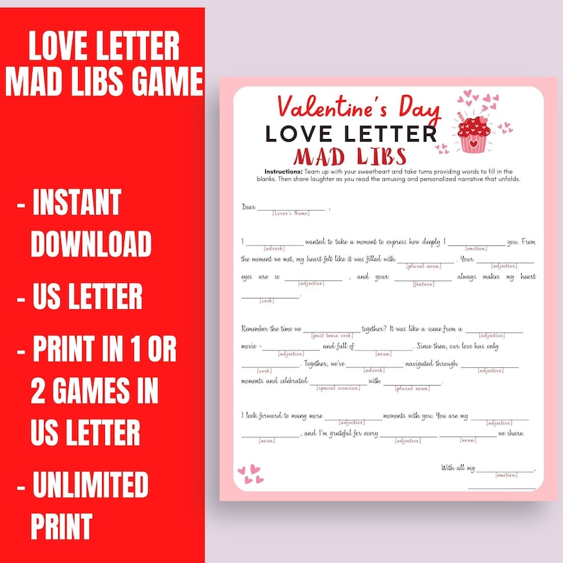 Valentines Day Mad Libs Valentines Day Game Couple Game Love Letter Mad ...