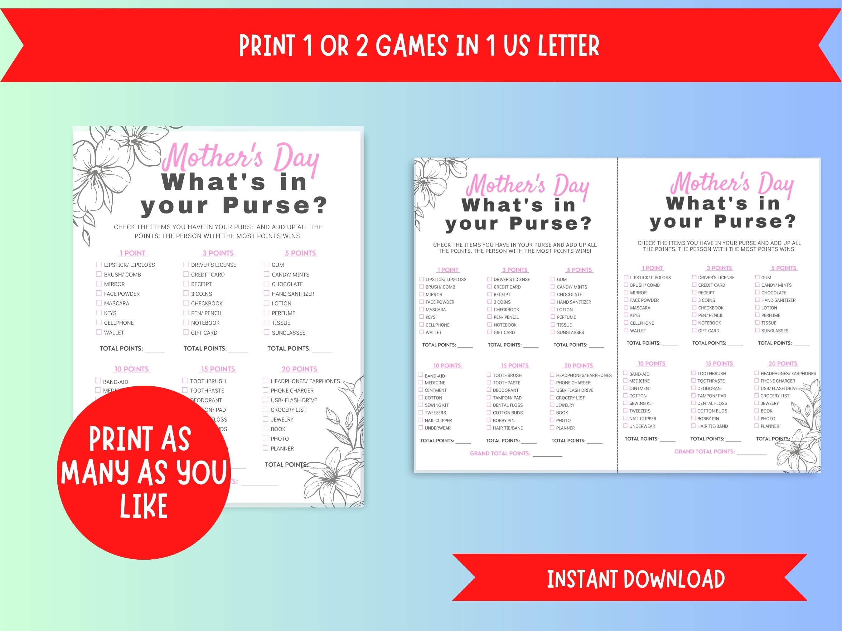 Mothers Day What's in Your Purse Game Mothers Day Printable Games ...
