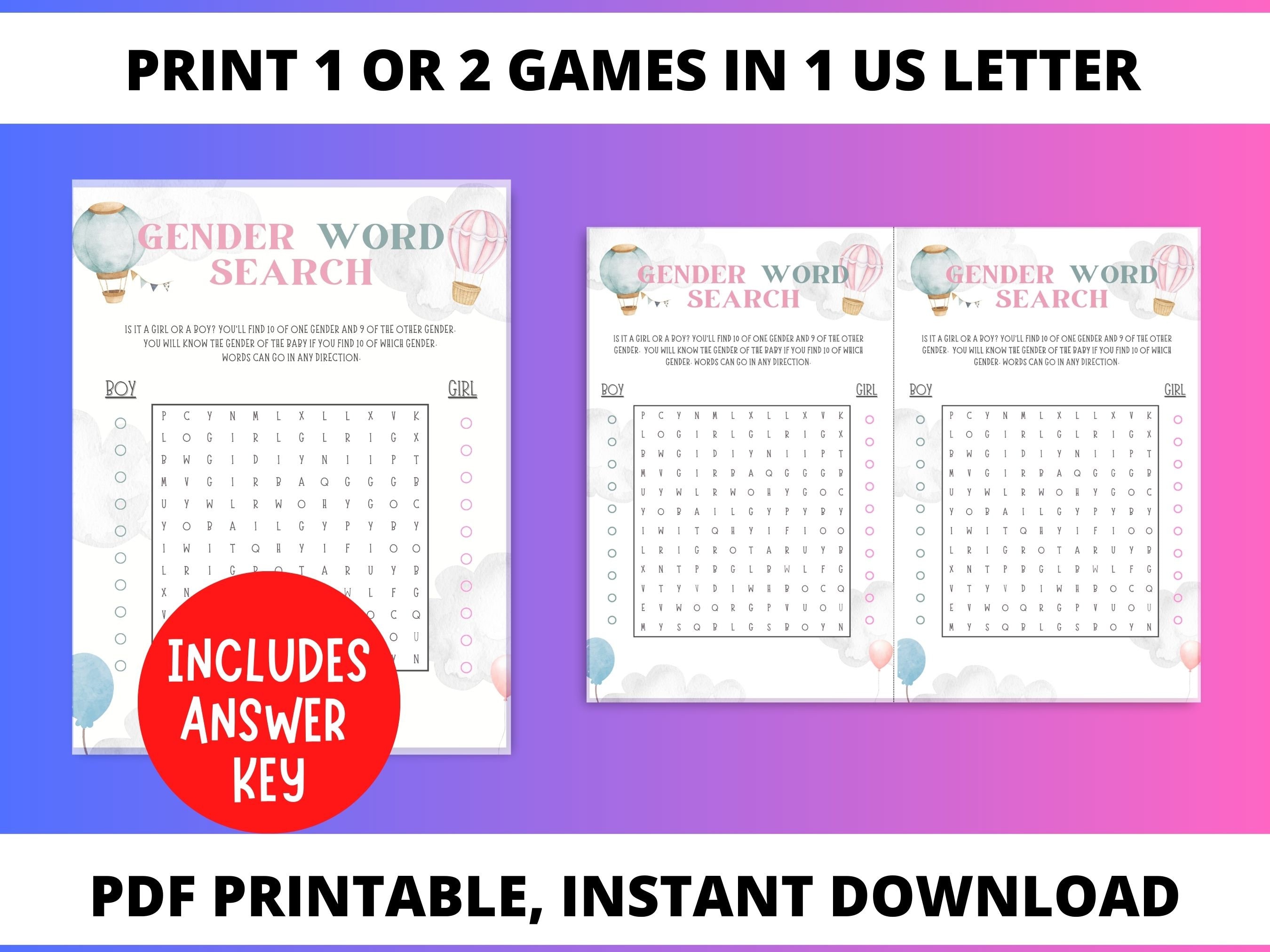 Printable Boy and Girl Gender Reveal Word Search Game Gender Wordsearch ...