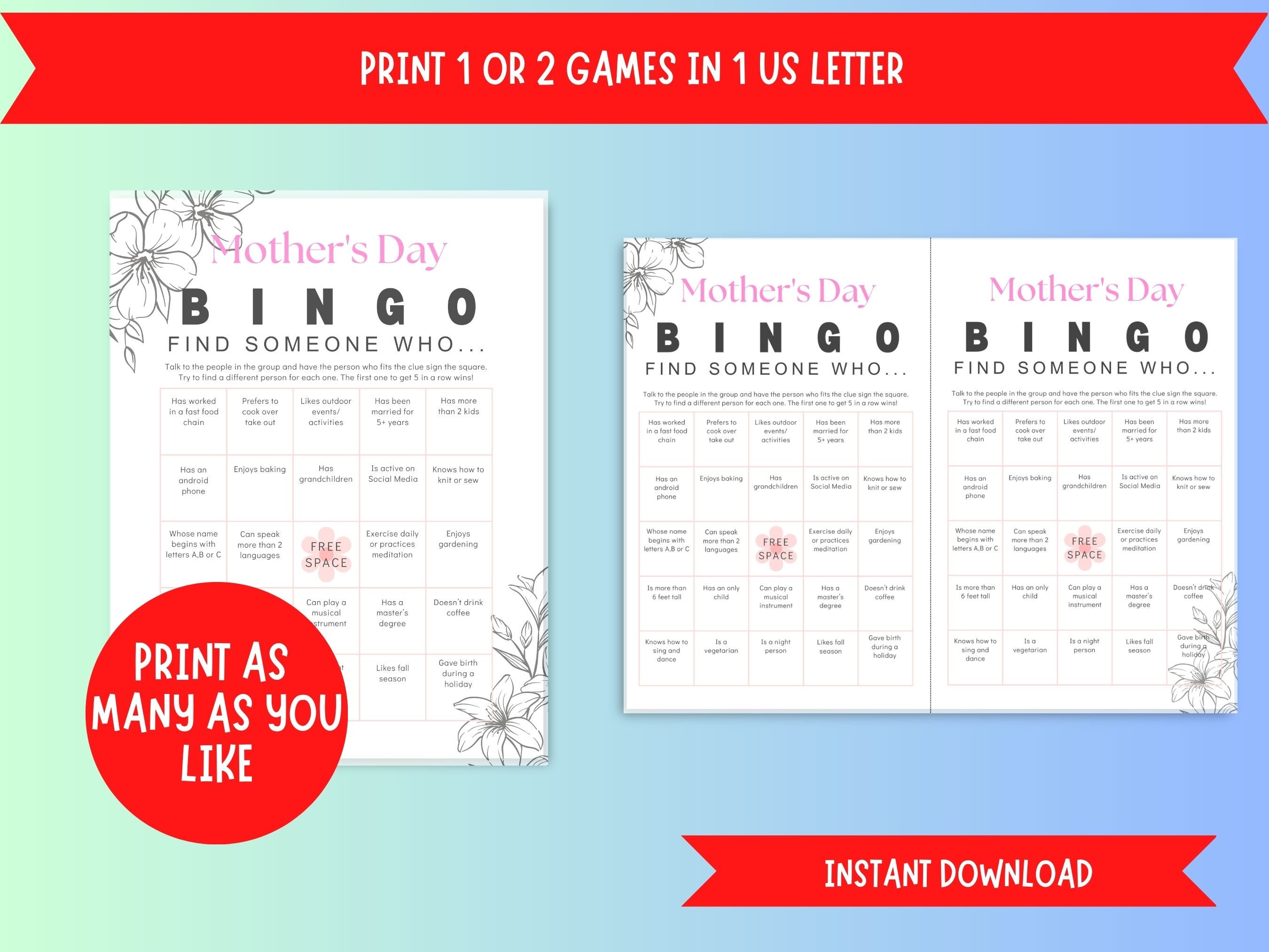 Mothers Day Find Someone Who Bingo Game Printable Mothers Day Party ...