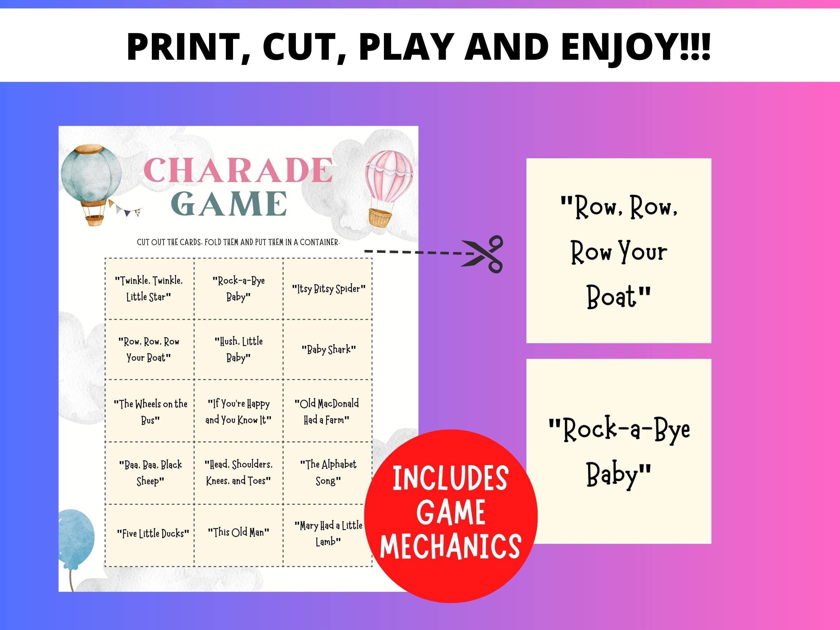 Gender Reveal Nursery Rhyme Charades Game | Printable Charades Cards ...