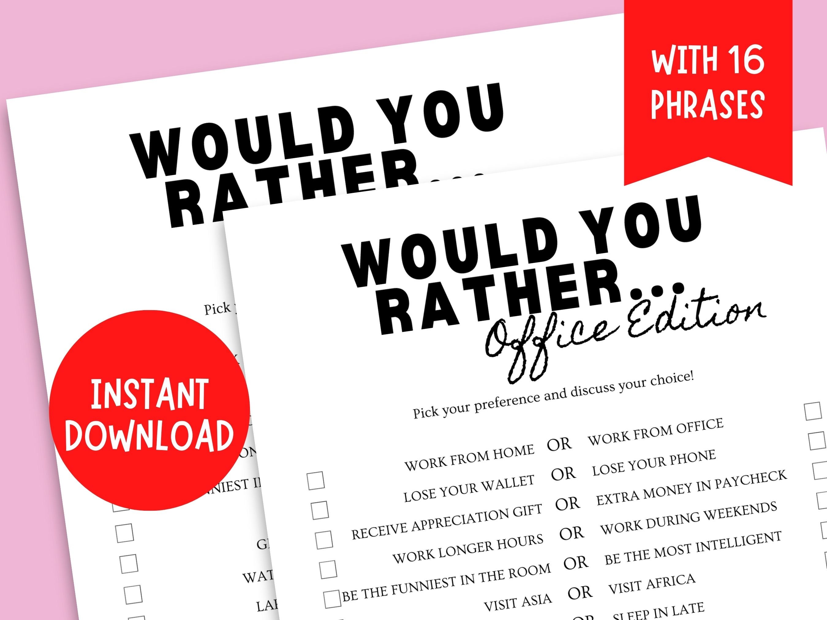 Would You Rather Game Printable: Office Edition Office Icebreaker Game ...