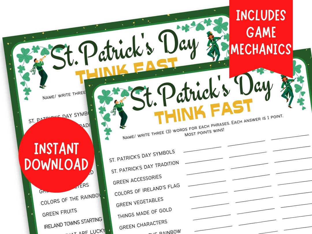 St. Patrick's Day Think Fast Game Printable Saint Patrick's Day Party ...