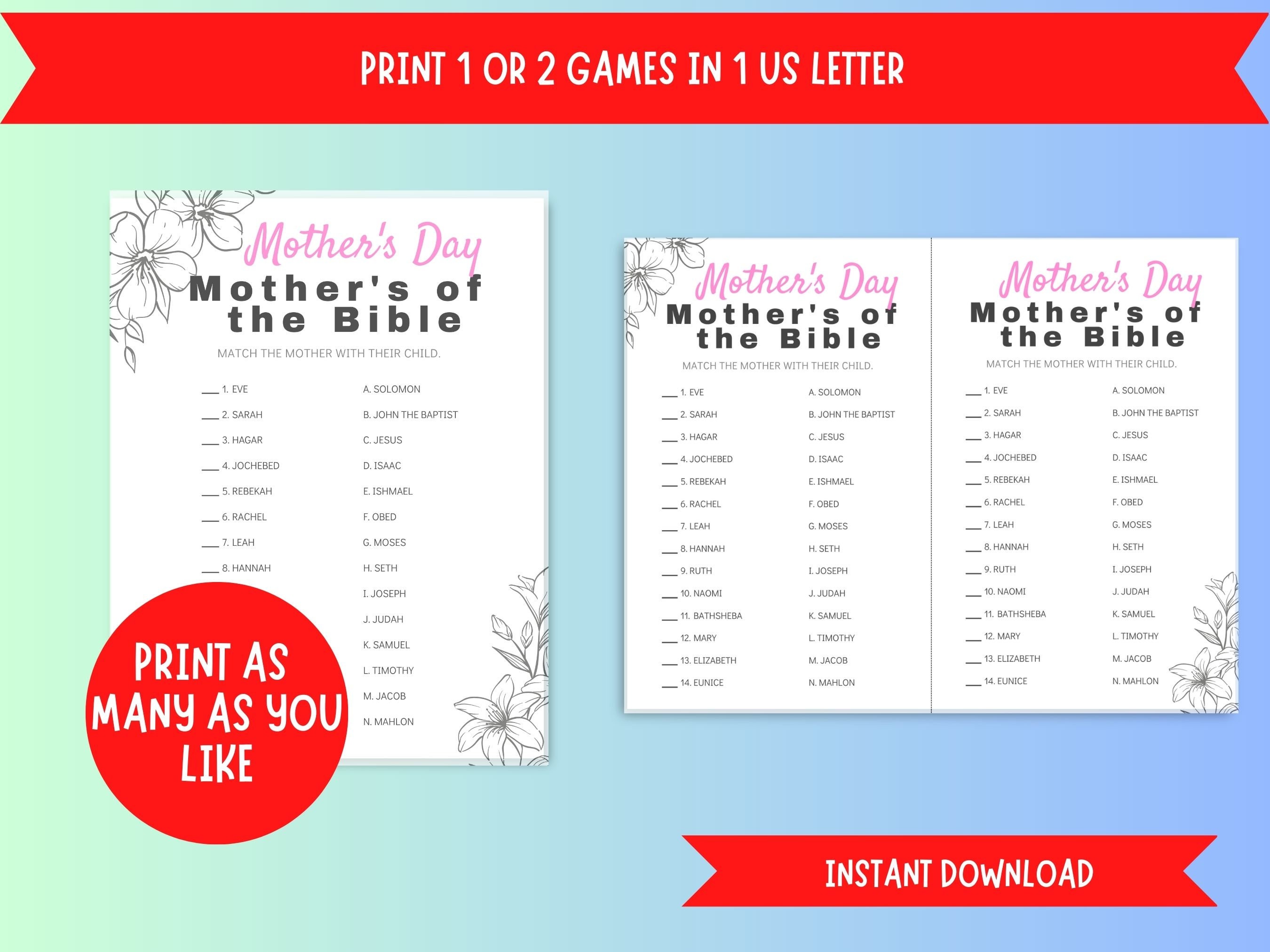 Mothers of the Bible Matching Game Mothers Day Bible Match Game Bible ...