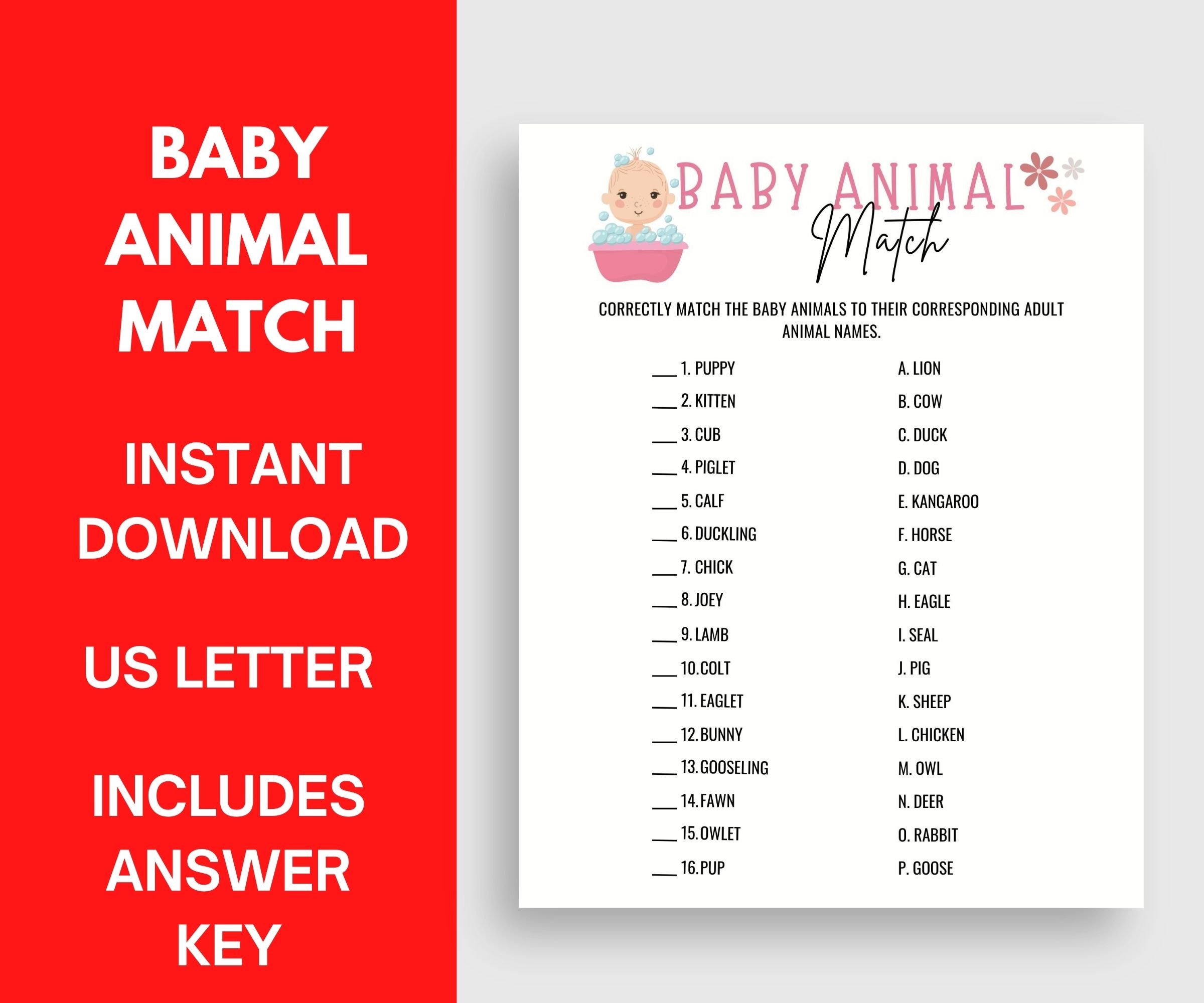 Baby Animal Match Baby Shower Game Baby Shower Party Game Baby Shower ...