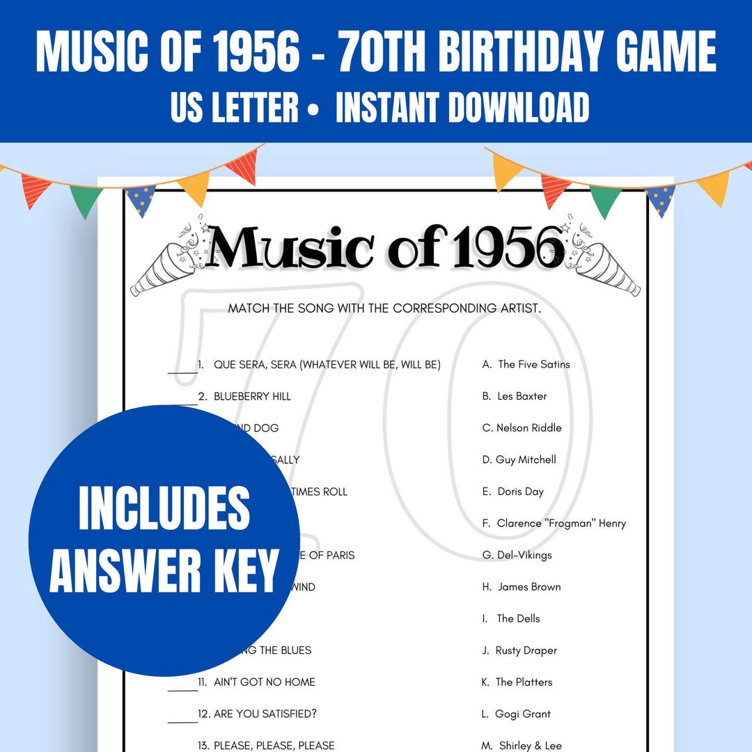 Music of 1956 Trivia Game | Printable 70th Birthday Party Game | 70th ...