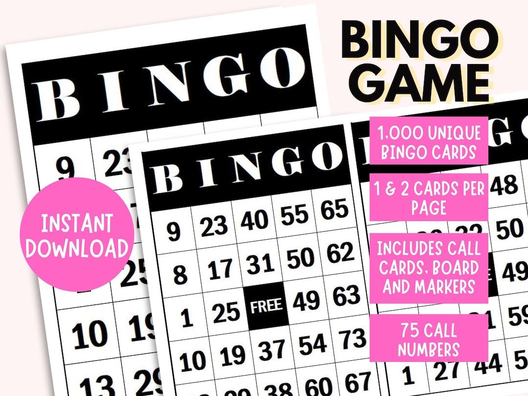 1000 Black Bingo Cards | 1 & 2 Game per Page | Large Print | PDF ...
