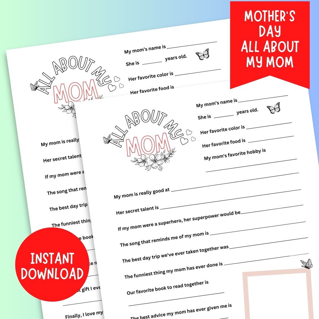 All About Mom Printable Mothers Day Gift Mother's Day Activity Mothers ...