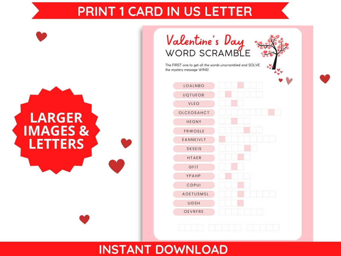 Printable Valentine’s Day Word Scramble Game | Valentine Party Game ...