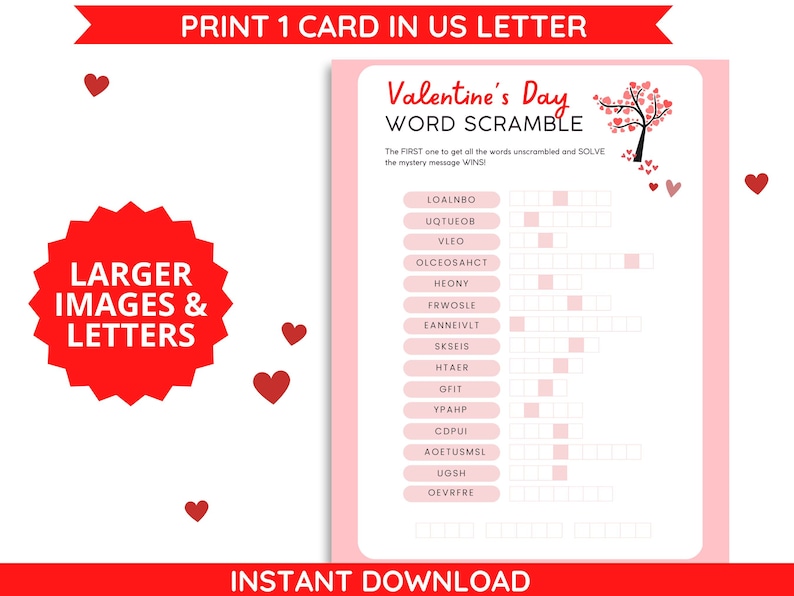 Printable Valentine’s Day Word Scramble Game | Valentine Party Game ...