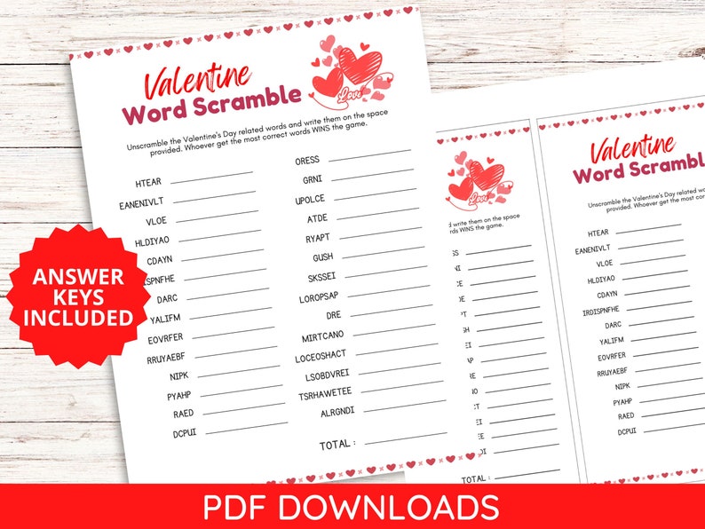 Valentines Day Word Scramble Printable Game Valentine Party Game ...