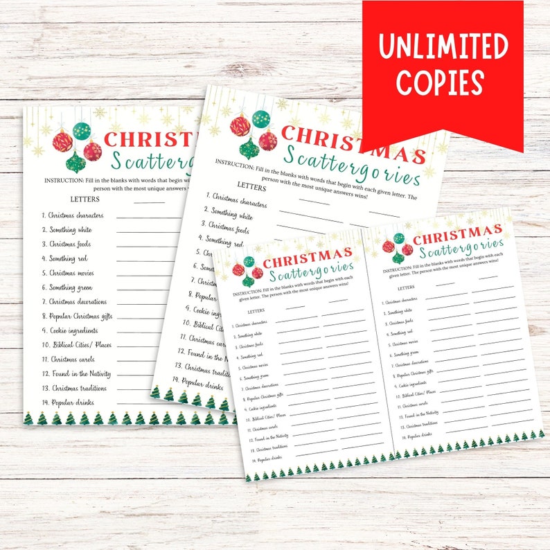 Printable Christmas Scattergories Game Christmas Party Game Holiday ...