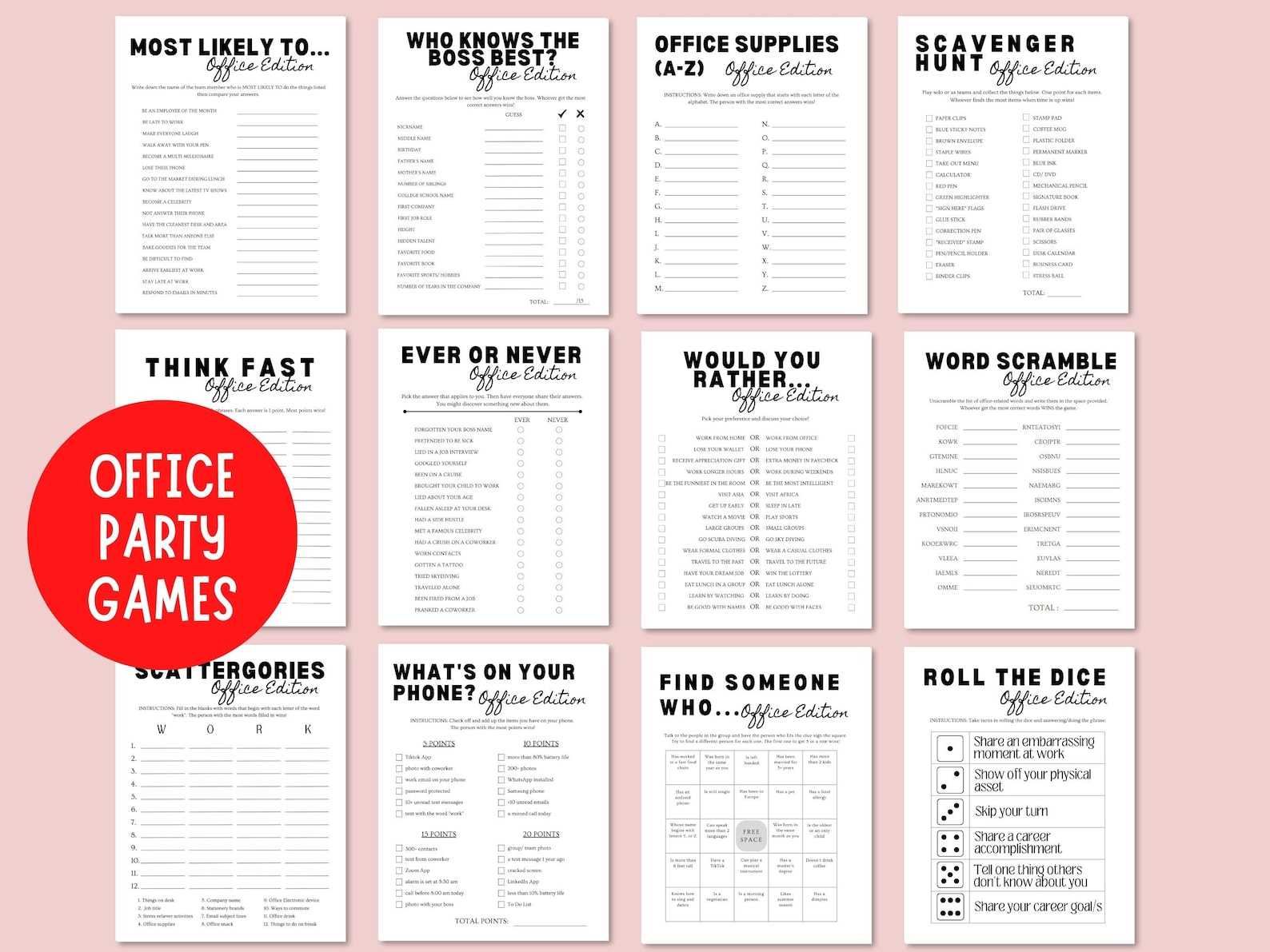 Office Party Games Bundle | Printable Games for Work Team Building ...